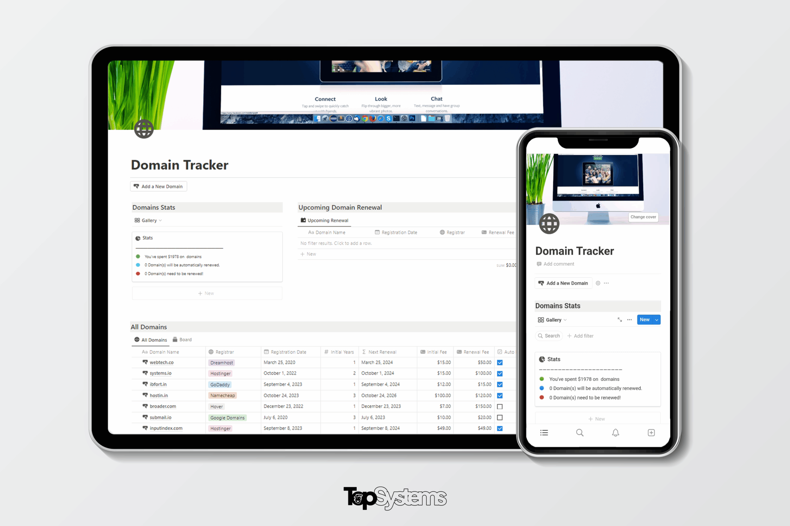 Domain Tracker Notion Template – TopSystems.io